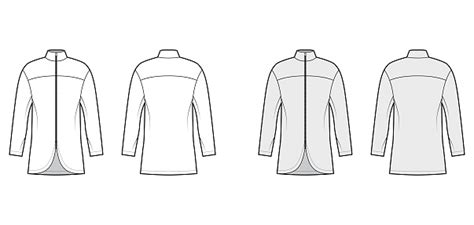 편안한 핏 하이 네크라인 백 라운드 요크 프론트 롱 슬리브가 돋선한 집업 셔츠 테크니컬 패션 일러스트 0명에 대한 스톡 벡터 아트 및 기타 이미지 Istock