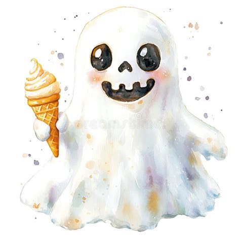 Cute Ghost Enjoying A Delicious Ice Cream Cone On A White Background