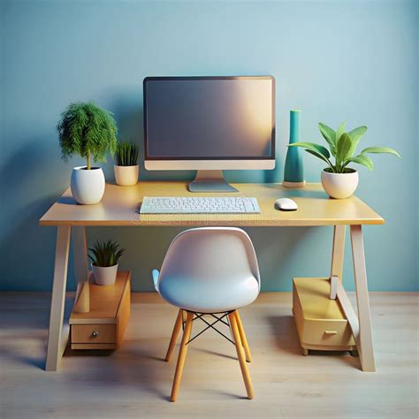 Digital Computer Setup Table With Keyboard Mouse And Tree Plant Stock