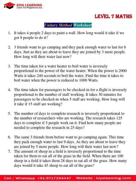 Level 7 Maths Unitary Method Worksheet Download Free Pdf Force Physics