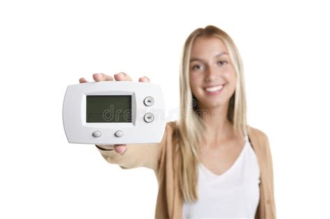 Woman Adjusting Central Heating Temperature On Thermostat Stock Photo Image Of Regulation