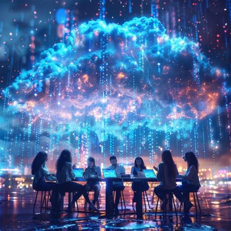 diverse team collaborating on cloud computing with glowing binary cloud