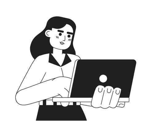 Young Adult Woman With Laptop Smiling Monochromatic Flat Vector Character Female Secretary