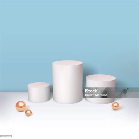 최소한의 추상 실린더 모양 그리고 황금 구체 벽 현장 플랫폼 다양 한 개체를 광고 하는 연단입니다 파스텔 색상에서 벡터 일러스트 레이 션 각도에 대한 스톡 벡터 아트 및