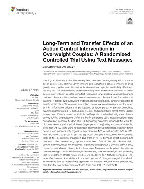 Pdf Long Term And Transfer Effects Of An Action Control Intervention In Overweight Couples A