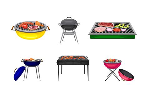 다양한 종류의 숯불 주전자 그릴 세트와 다양한 맛있는 구운 고기와 야채 벡터 일러스트 레이 션 석탄에 대한 스톡 벡터 아트 및 기타 이미지 Istock