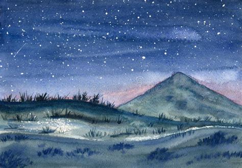 Paisaje De La Noche Pintura De La Acuarela Imagen De Archivo Imagen