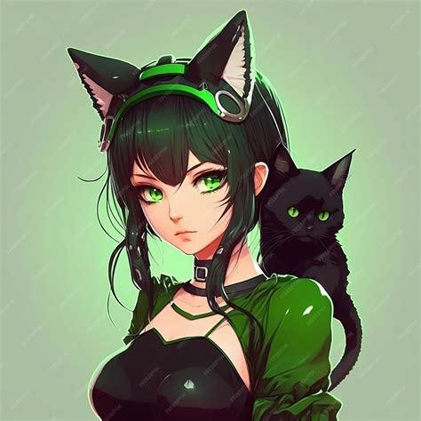 Premium Ai Image Anime Girl With Cat Black Hair Neko Girl With Green