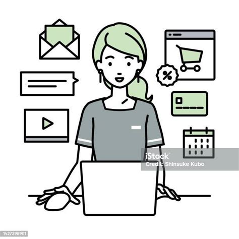 웹 사이트 탐색 디지털 마케팅 지불 온라인 상점 관리 및 책상에서 고객 지원을 위해 랩톱 컴퓨터를 사용하는 심미용사 접수 원 여성 노트북에 대한 스톡 벡터 아트 및 기타