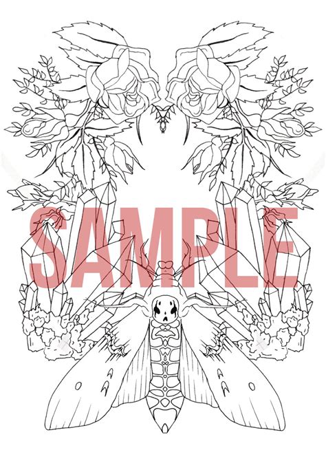 Deaths Head Hawk Moth And Crystals Adult Colouring Page With Flowers