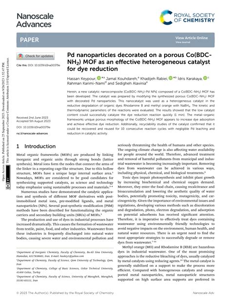 PDF Pd Nanoparticles Decorated On A Porous Co BDC NH MOF As An Effective Heterogeneous
