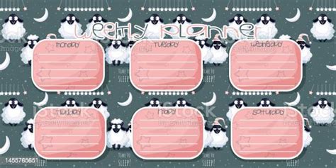 만화 스타일의 일일 계획 개념 별이 있는 추상적인 화려한 밤 배경에 귀여운 졸린 양들이 있는 주간 할 일 목록 앱 웹사이트