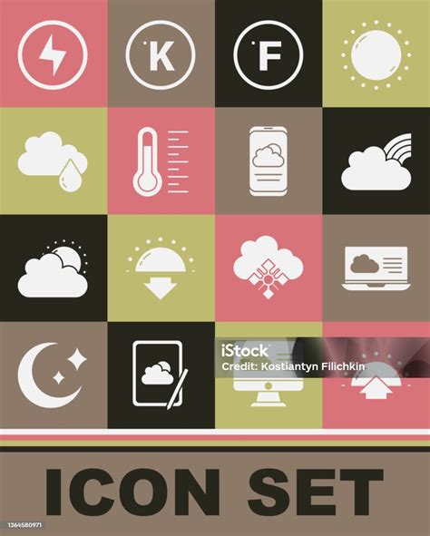 일출 일기 예보 구름 화씨 기상 온도계 구름 비 번개 볼트와 아이콘무지개를 설정합니다 벡터 Gui 위젯에 대한 스톡 벡터 아트 및 기타 이미지 Istock