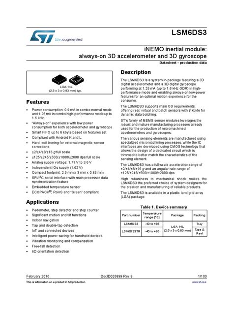 Lsm6ds3 Datasheet Pdf Gyroscope Computer Engineering