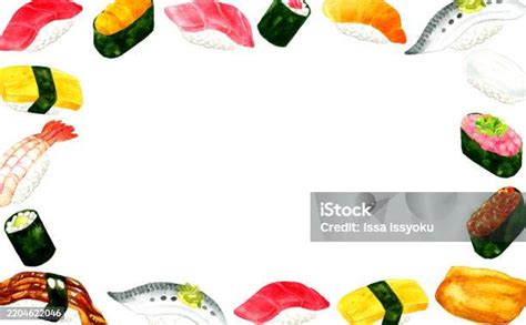 다양한 종류의 초밥 프레임 일본 요리의 손으로 그린 수채화 그림 배경 Washoku에 대한 스톡 벡터 아트 및 기타 이미지