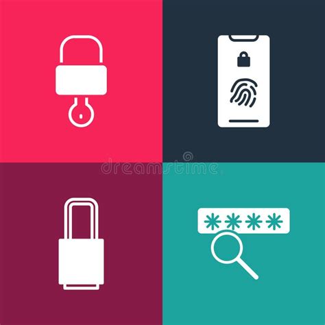 Set Pop Art Password Protection Lock Mobile With Fingerprint Scan And And Key Icon Vector