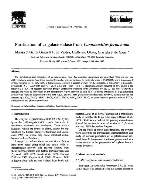 Pdf Purification Of α Galactosidase From Lactobacillus Fermentum