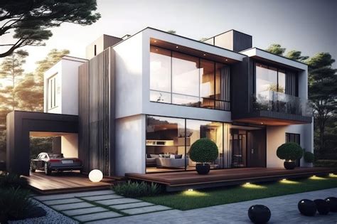 아름다운 빌라에 있는 고급 주택의 현대적인 부동산 외관 건축 프리미엄 사진