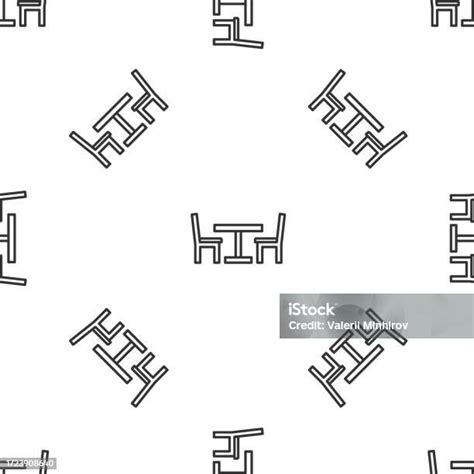 회색 선 의자 아이콘이 있는 나무 테이블은 흰색 배경에 이음매 없는 패턴을 분리합니다 길거리 카페 벡터 0명에 대한 스톡 벡터 아트 및 기타 이미지 Istock