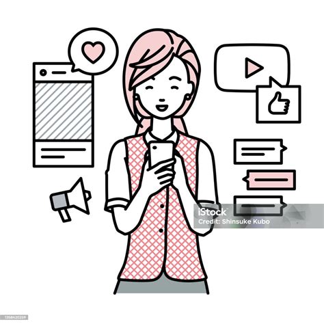 다양한 소셜 네트워크와 메신저를 통해 통신을 즐기고 그녀의 손에 스마트 폰을보고 사무 유니폼을 입은 여성 Brand Name Smart Phone에 대한 스톡 벡터 아트 및