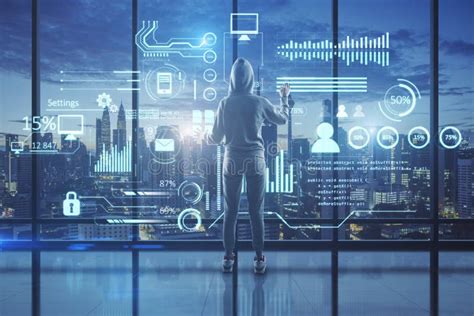 Back View Of Hacker Using Creative Glowing Business Chart Interface