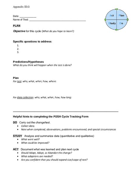 Fillable Online Appendix Iii G Pdsa Cycle Tracking Form Fax Email Print Pdffiller