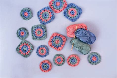 Square And Round Crochet Patterns Three Skeins Of Cotton With Wooden Hook Stock Image Image