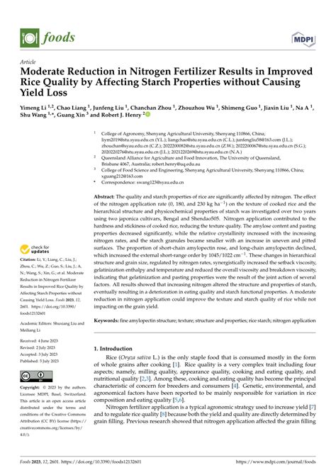 Pdf Moderate Reduction In Nitrogen Fertilizer Results In Improved Rice Quality By Affecting