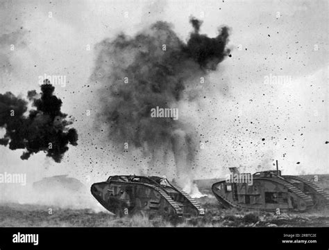 Europe C 1917 British Tanks In Action During Wwi With German Shells