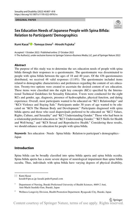 Sex Education Needs Of Japanese People With Spina Bifida Relation To