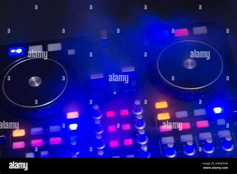 Dj Sound Mixer Controller With Knobs And Sliders Close Up Audio Mixing Deck With Turntables At