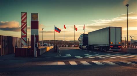 A Truck Approaches A Border Checkpoint With Flags And Signage In The Background Premium Ai
