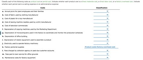 solved classify each of the following costs as product cost