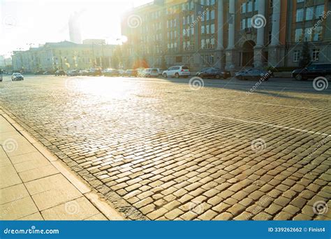 Sidewalk Pedestrian Square In The City Paved With Cobblestone Texture