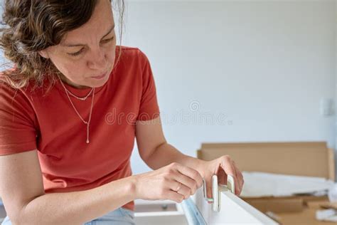 Woman Assembling Bed Frame Using Wrench Stock Image Image Of Skill