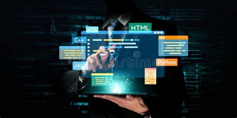 Software Developer Work With Coding Overlays Of Programming Languages