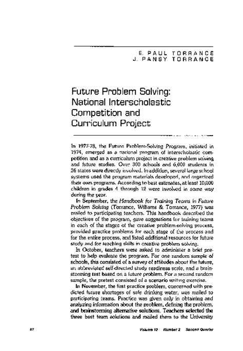 Pdf Future Problem Solving National Interscholastic Competition And