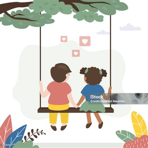 그네에 앉아 있는 다민족 아이들 귀여운 아이들 그네를 타는 친구들 캐릭터들은 공원에서 야외에서 즐거운 시간을 보냅니다 관계 발렌타인 데이 인사말 카드 후면도 공휴일에 대한
