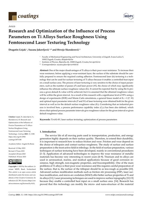 Pdf Research And Optimization Of The Influence Of Process Parameters On Ti Alloys Surface