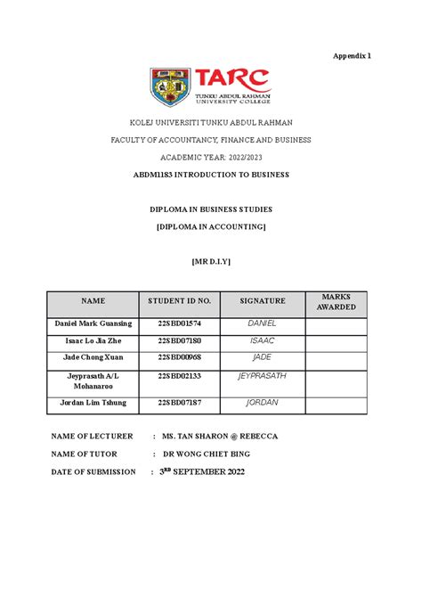 Business Group Assignment 3 Appendix 1 Kolej Universiti Tunku Abdul Rahman Faculty Of