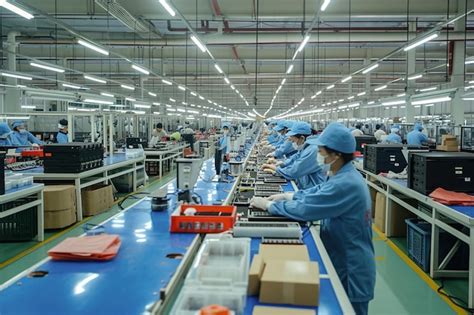 Premium Photo Mobile Phone Assembly Factory Assembly Lines With Workers Handling Components