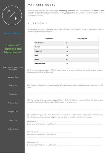 Types Of Costs Worksheet Fixed Variable Total Average Marginal Direct Indirect