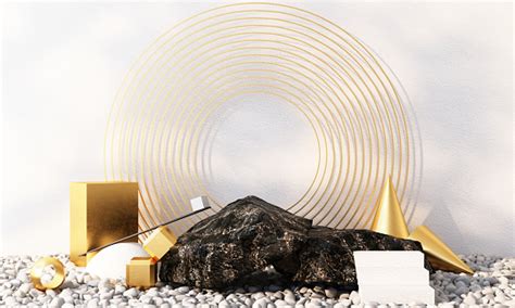 제품 프레젠테이션을 위한 최소한의 화장품 배경 금색 아크 기하학적 형태와 흰색 색상 콘크리트 벽 배경에 연단돌과 검은 대리석 3d 렌더링 그림입니다 0명에 대한 스톡 사진