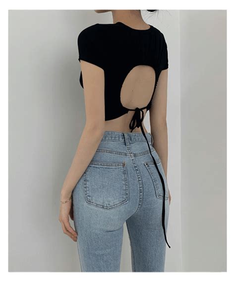 주문폭주 반전뒷태 백리스 반팔티 여리핏 몸매보정 섹시글램 백리본 유니크 백오픈트임 유니크스우파코디연말룩할리우드등노출패션워터밤 에이블리