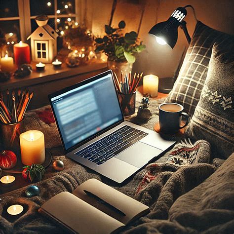 Cozy Laptop Workspace Nighttime Microstock Background Cozy Laptop Workspace Nighttime