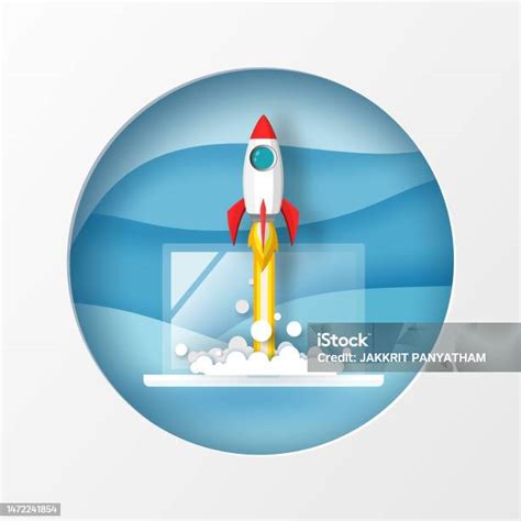 원형 프레임의 로켓 또는 우주선은 벡터 종이 아트 개념의 프레젠테이션 템플릿 배경에 노트북에서 푸른 하늘로 발사됩니다 비즈니스 시장 또는 스타트 업 제품 프로젝트 개념