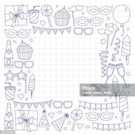 생일 파티 디자인 요소의 설정 합니다 아이 그림입니다 아이콘 다채로운 풍선 깃발 색종이 컵 케이크 선물 초 리본 장식 리본 낙서 벡터 일러스트 레이 션 국기에 대한 스톡