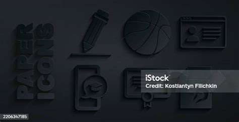 수료증 템플릿 온라인 수업 모바일 졸업 모자 시험지와 연필 농구 공 지우개가 있는 연필 아이콘을 설정합니다 벡터 라인아트에 대한 스톡 벡터 아트 및 기타 이미지 Istock