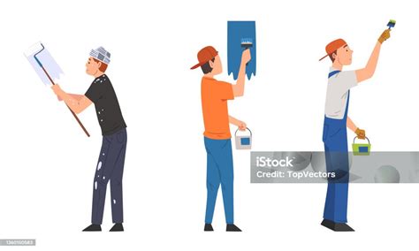 가정 수리 작업 벡터 세트에 종사하는 브러시 페인팅 벽을 가진 숙련 된 사람으로 핸디맨 또는 해결사 개선에 대한 스톡 벡터 아트 및 기타 이미지 Istock