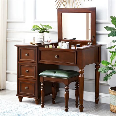 Traditional Solid Wood Makeup Vanity Desk Bedroom Vanity Dressing Table With Drawer Makeup